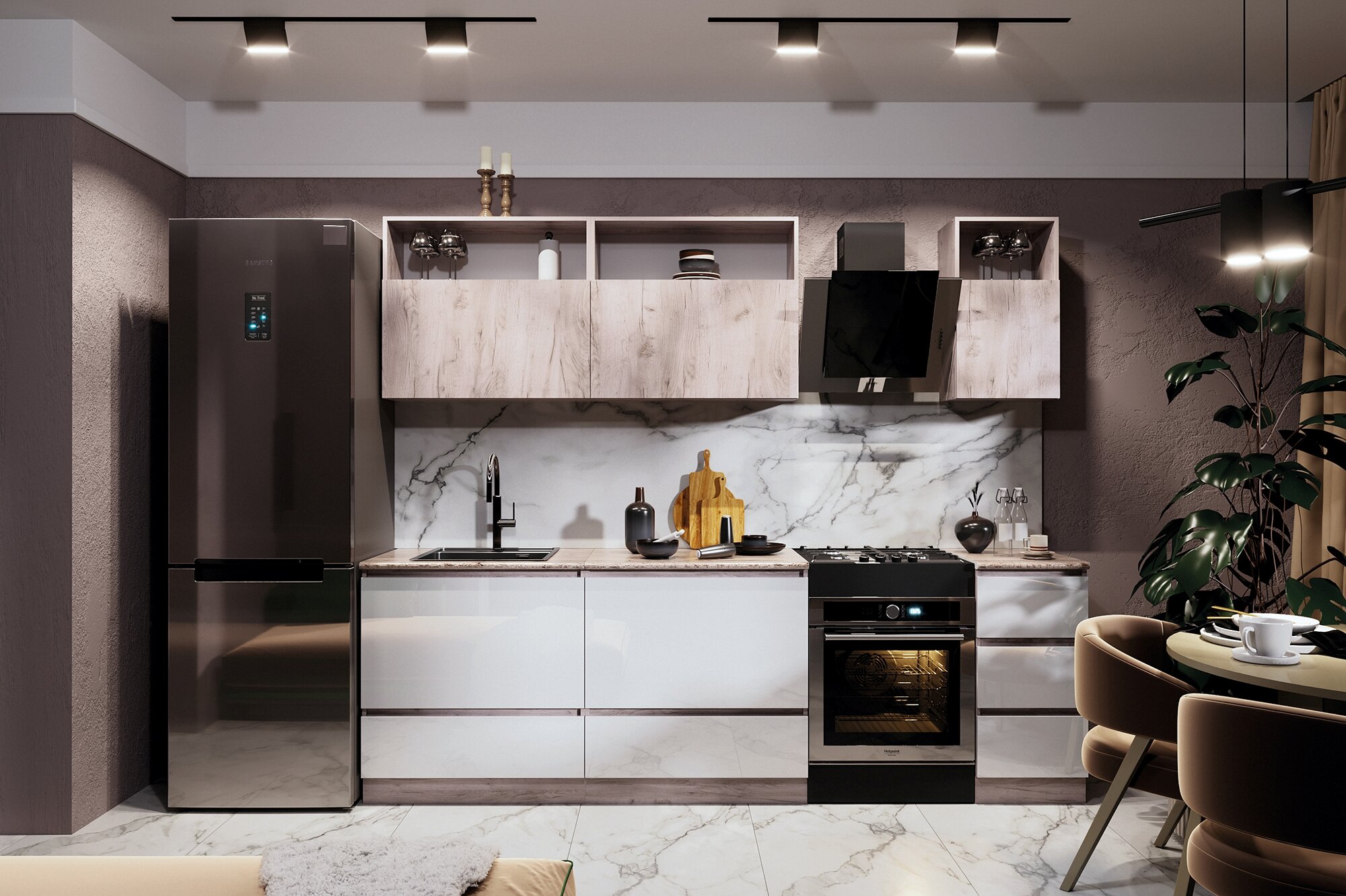 Кухонный гарнитур Роса 2,0 ЛДСП дуб крафт серый/белый глянец (столешница дуб кера)