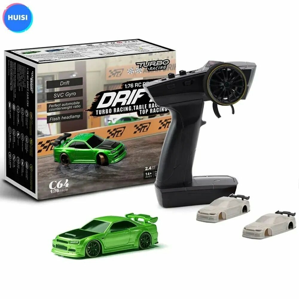Turbo Racing Радиоуправляемая машинка Drift в масштабе 1:76, мини-гонщик с гироскопом, пульт дистанционного управления 2,4 ГГц и 2 сменных чехла (C64-зеленый)