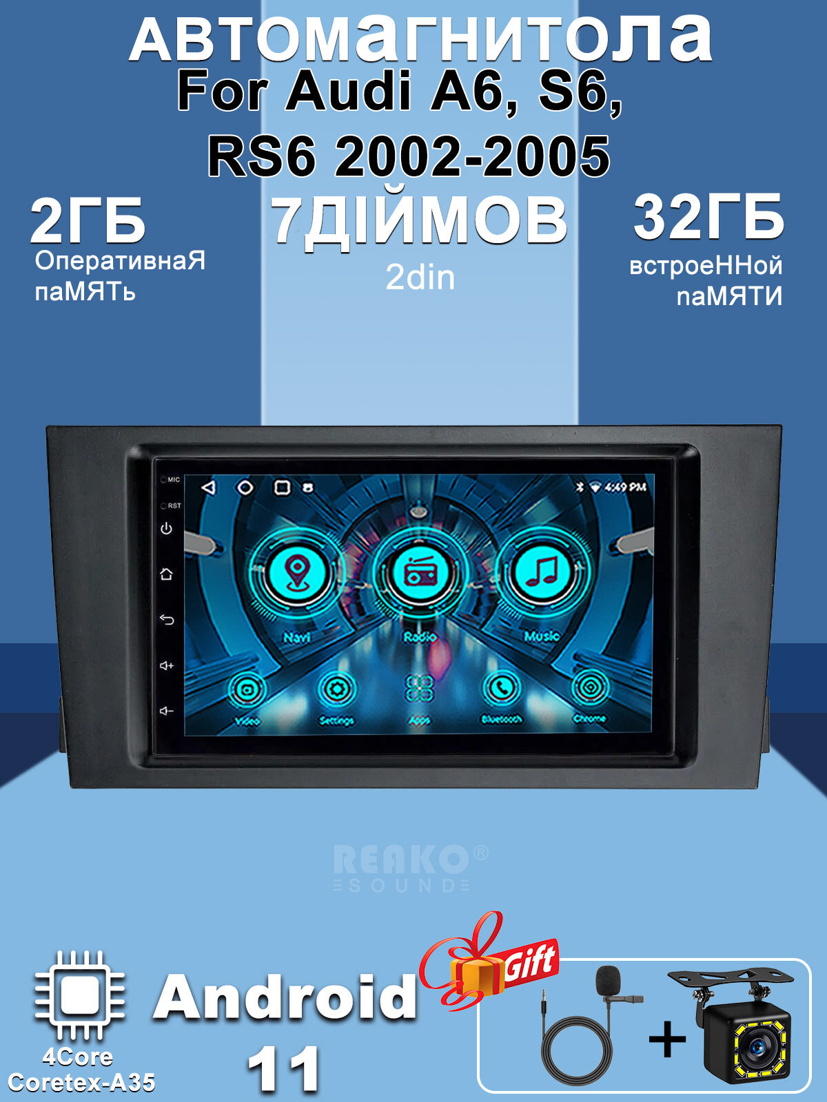 Штатная Магнитола для Audi A6, S6, RS6 2002-2005 , с камерой заднего вида. IPS экран 7 дюймов, Wifi 2din с сенсорным экраном, usb и блютузом