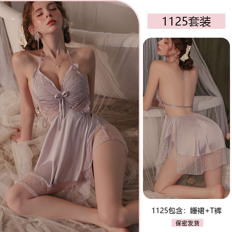 Сексуальная атласная ночная рубашка с бюстгальтером на подкладке, юбка в неровный горошек, сексуальное нижнее белье, пижама в униформе 1125
