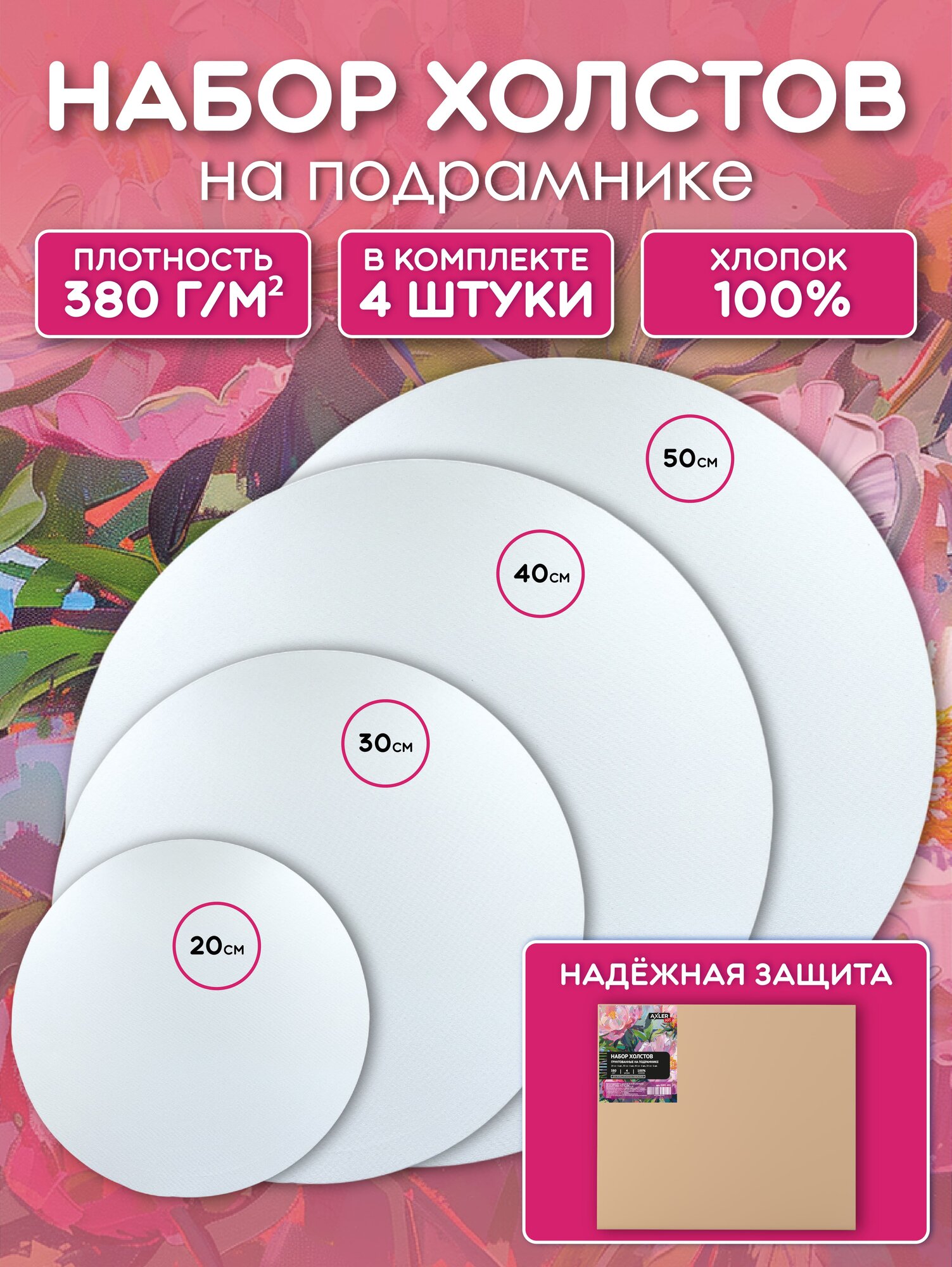 Холсты на подрамнике для рисования AXLER Art грунтованные набор 4 шт круглые для масляных красок и акрила, 100% хлопок