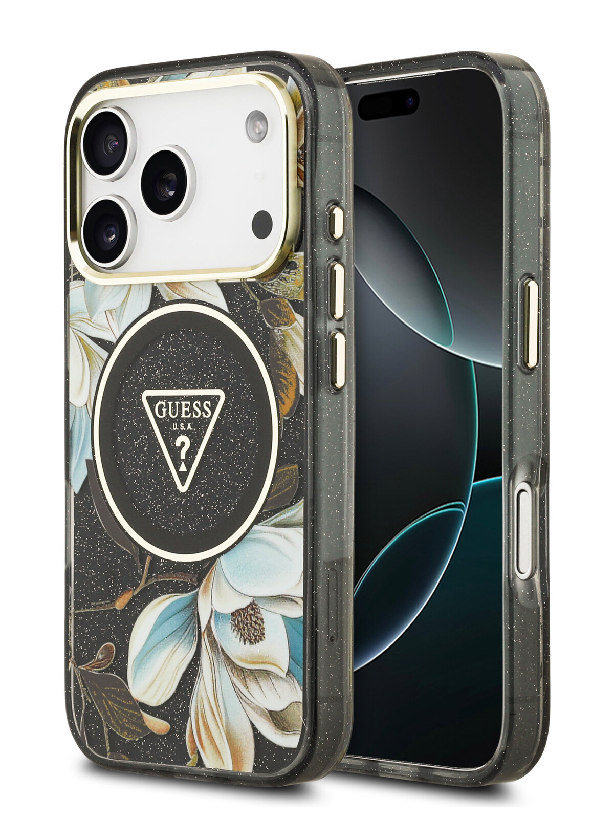 Чехол Guess на iPhone 17 Pro, с магнитами MagSafe, с принтом IML, с напылением из блесток, черный