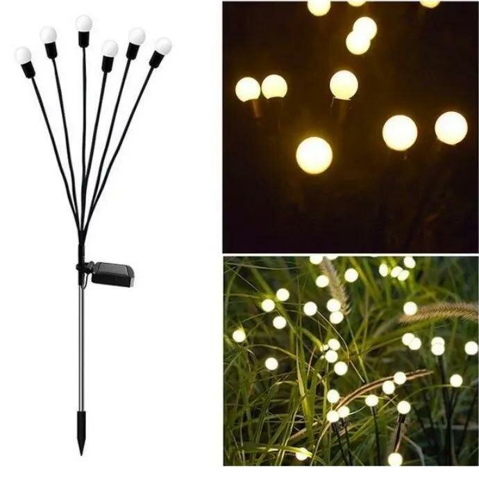 Солнечный фонарь для двора Firefly с LED, ветроуправляемый, устворочный, садовый, уличный, для земли, 600mAh никель-водородный аккумулятор, заряжание 4-6 часов, свет 8-15 часов, водонепроницаемость IP65, теплый свет, 6 светодиодных головок,