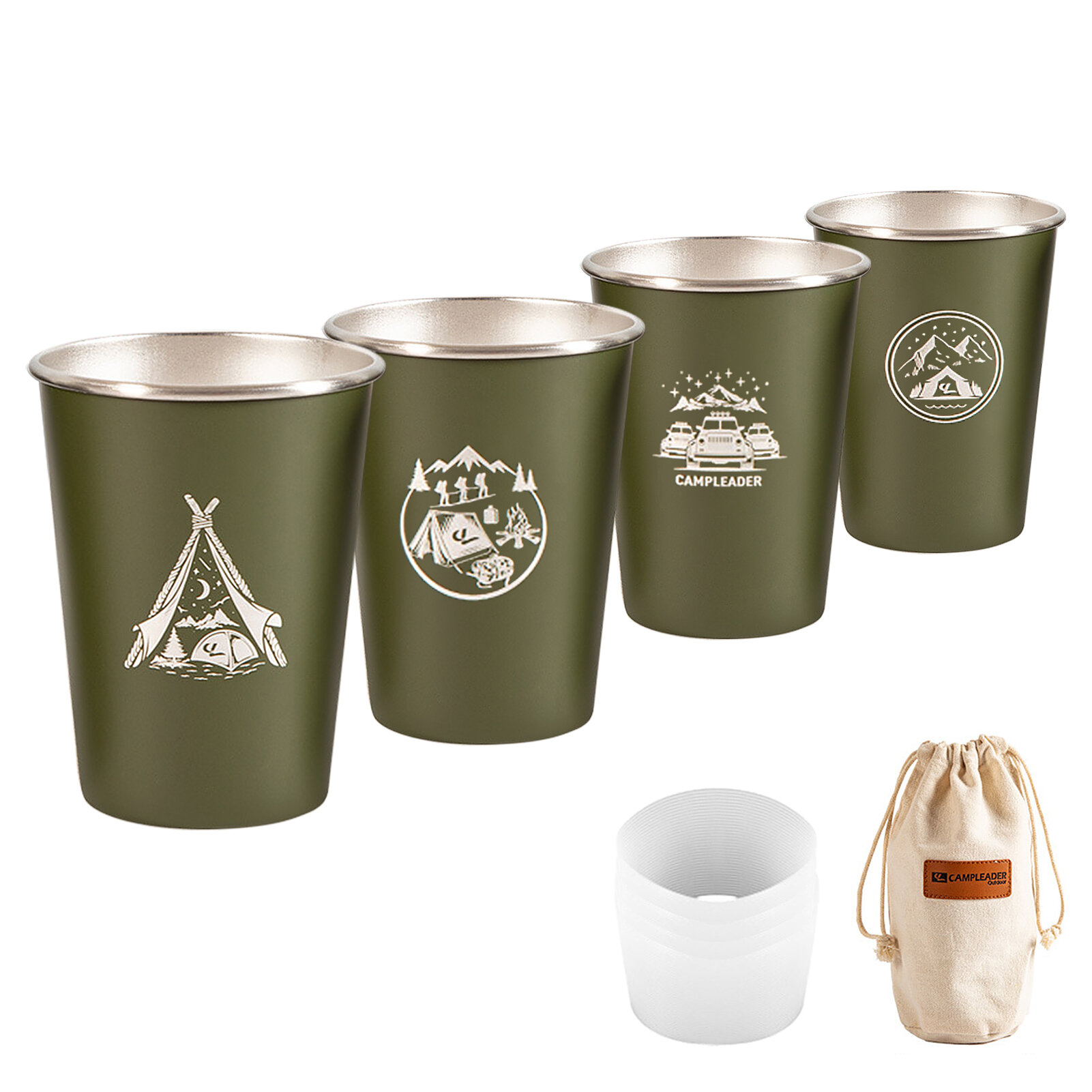 4PCS 350ml Стainless Steel Water Cups Beer Cup Coffee Cup с Cup Sleeve и Storage Bag для Home Outdoor Camping Hiking Picnic BBQ, Черный Белый Армейский Зеленый