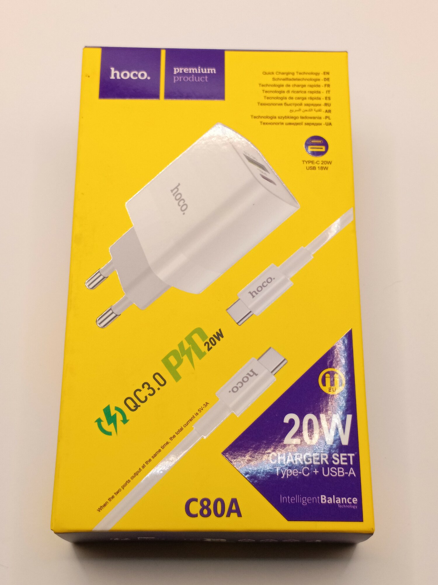Сетевой блок питания HOCO 3.0A 1USB PD + кабель Type-C на Type-C C80A 20w/18W (Original)