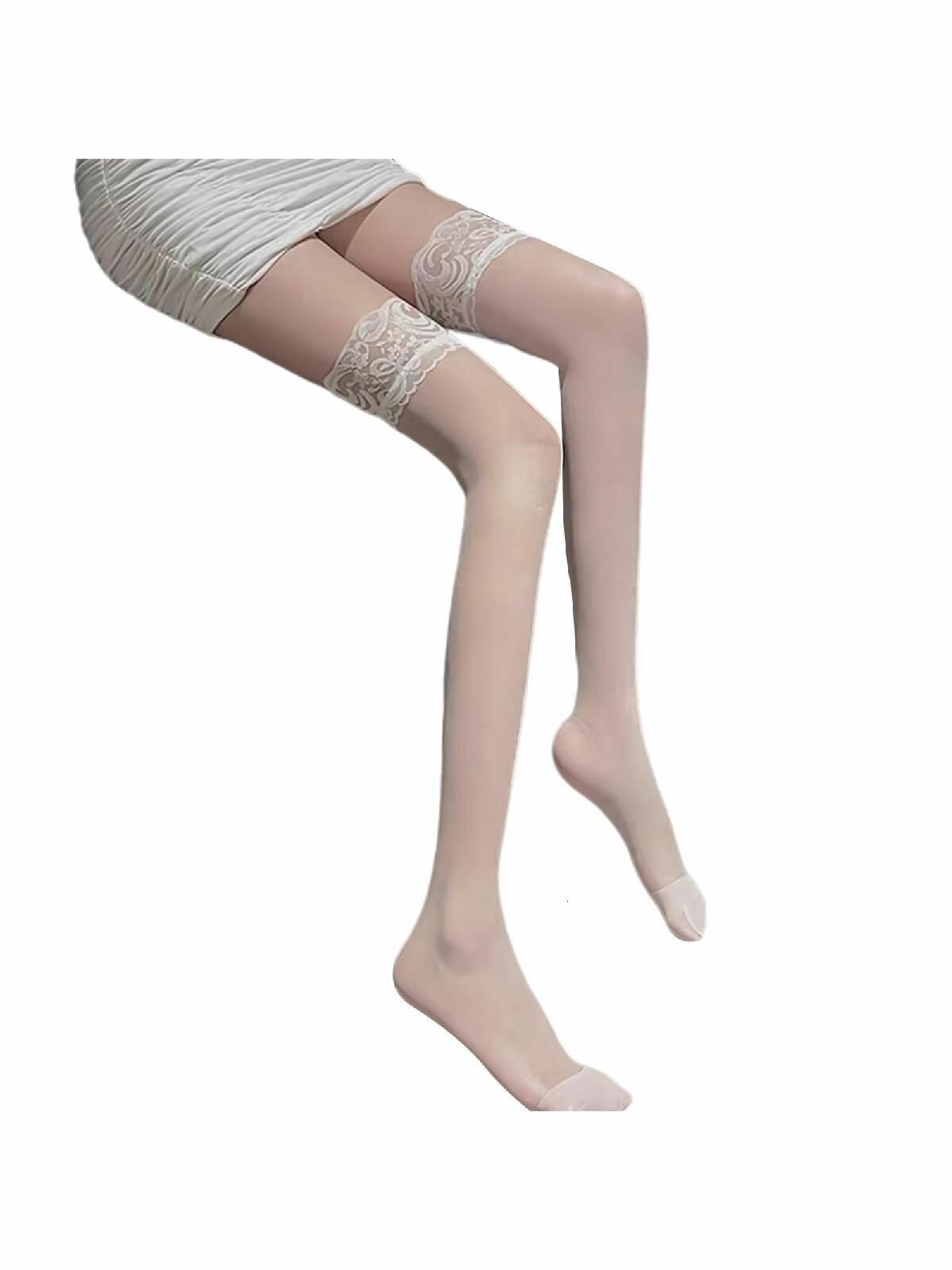 Чулки кружевные женские, Белый кружевной силикон
