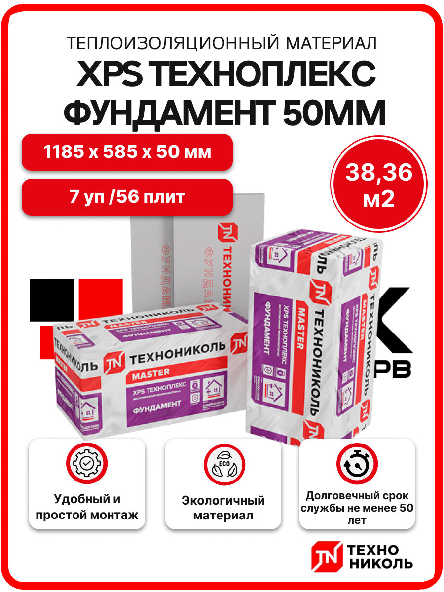 Технониколь XPS Техноплекс Фундамент 50 мм (7уп/ 38,36 м2 / 56 плит) утеплитель из пенополистирола для стен, крыши, пола