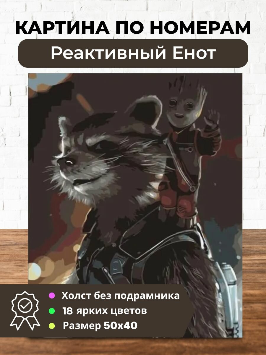 Картина по номерам Стражи галактики: Реактивный Енот и Грут на холсте 40x50 см с красками и кистью