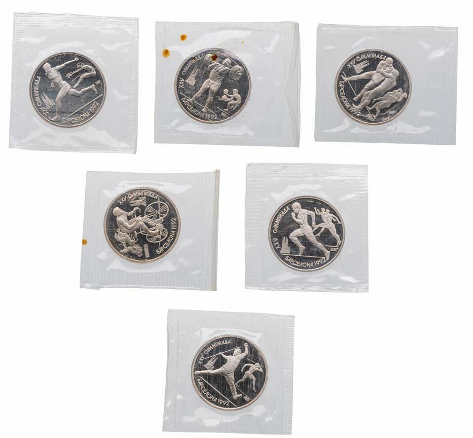 Набор из 6-ти монет 1 рубль 1991 "XXV Олимпийские игры 1992 года, Барселона" банковская запайка, Мельхиор медь-никель, в сохранности Proof