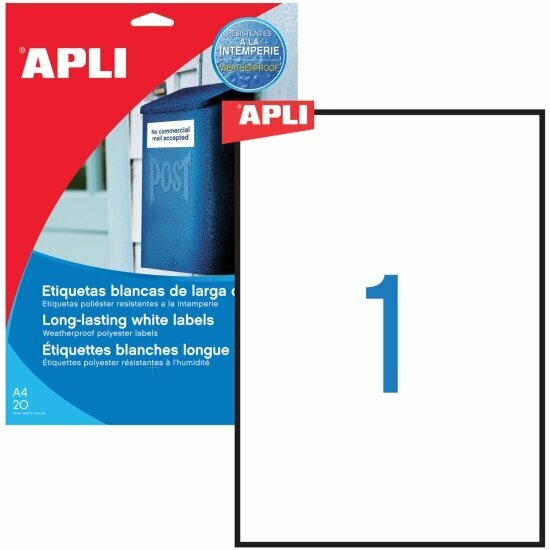 Этикетка самоклеящаяся Apli всепогодная, 210х297 мм, 1 этикетка, полиэстер, белая, 20 листов, , 01228