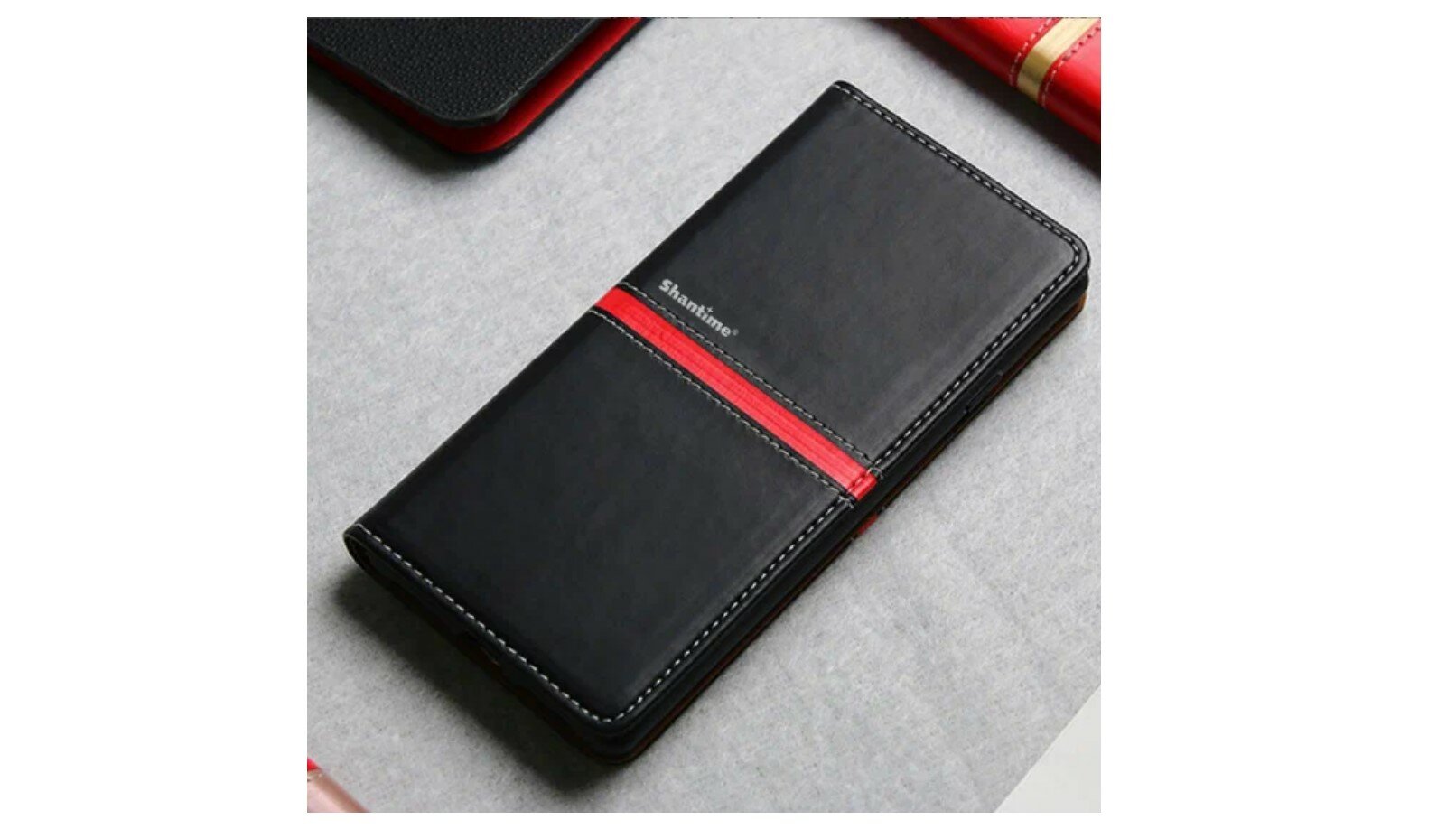 Чехол-книжка MyPads для Realme 5 / 5i / 5s из импортной кожи на жёсткой металлической основе черный с красной полосой