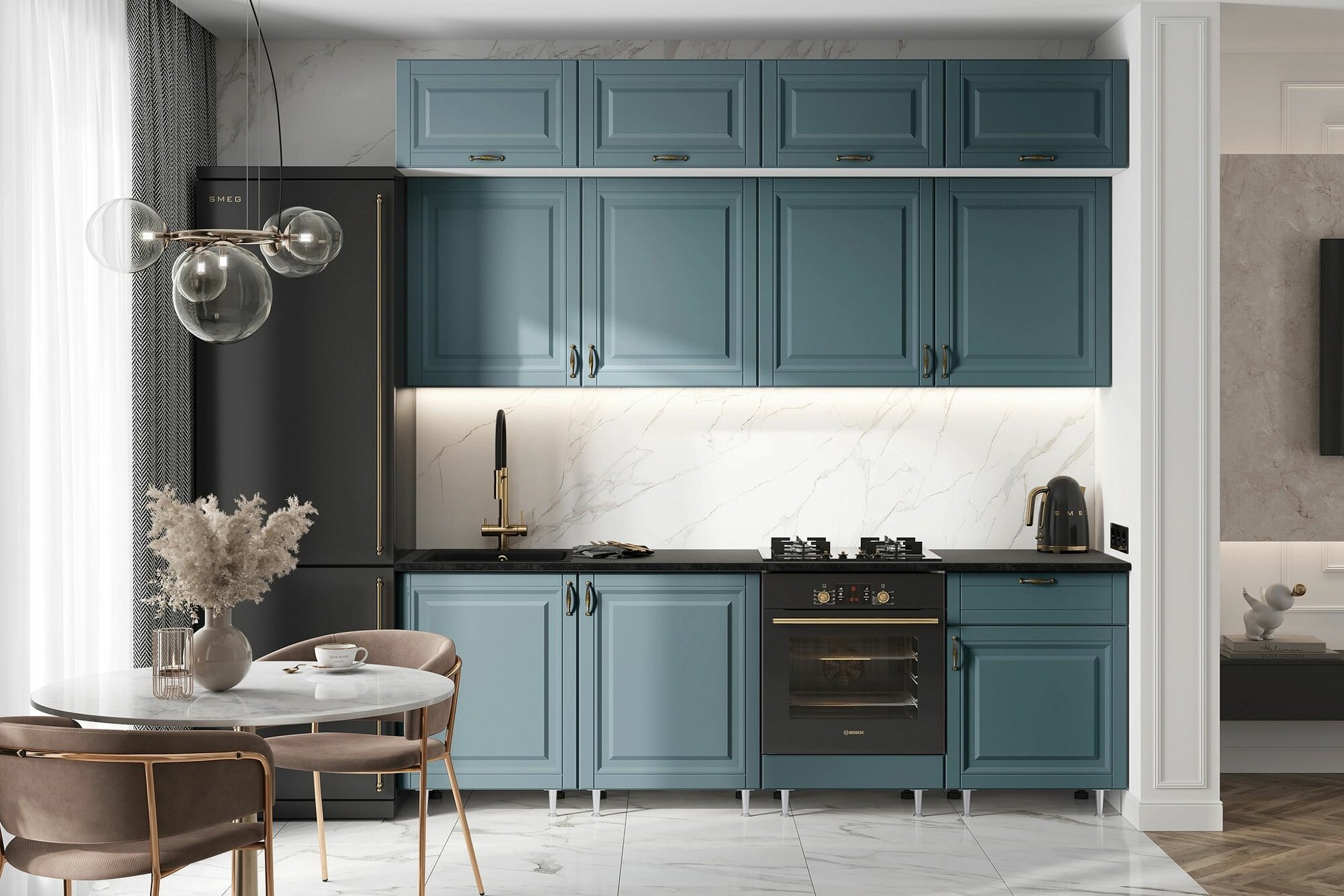 Кухня Престиж 2,4м (490) (Браш Блю, Белый (Кастилло темный))