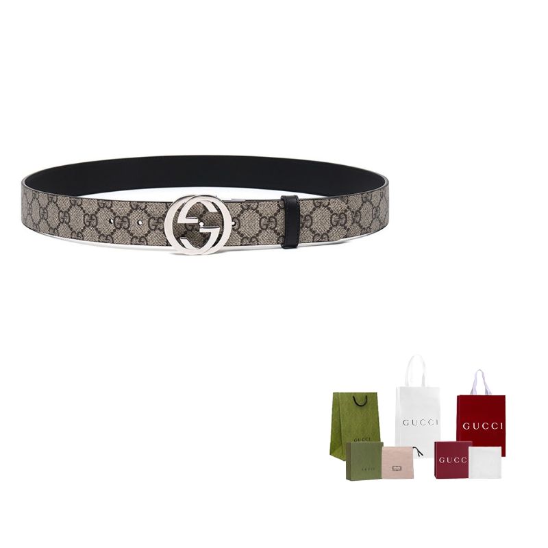 GUCCI INTERLOCKING Ремни из холщовой кожи Мужской Бежевый Эбеновый Ширина 3,7 см 105