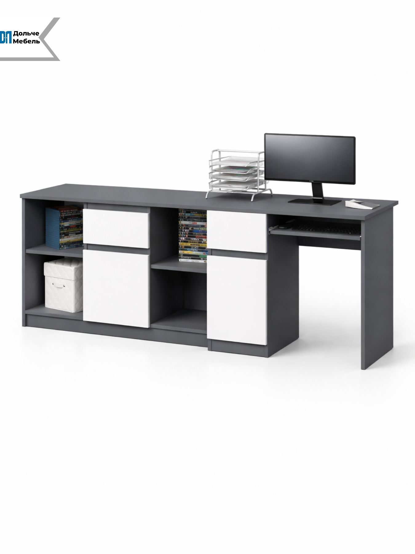 Стол компьютерный Мори МС-1 с тумбой МТВ1204.1, левый, письменный, для дома и офиса, цвет графит/белый