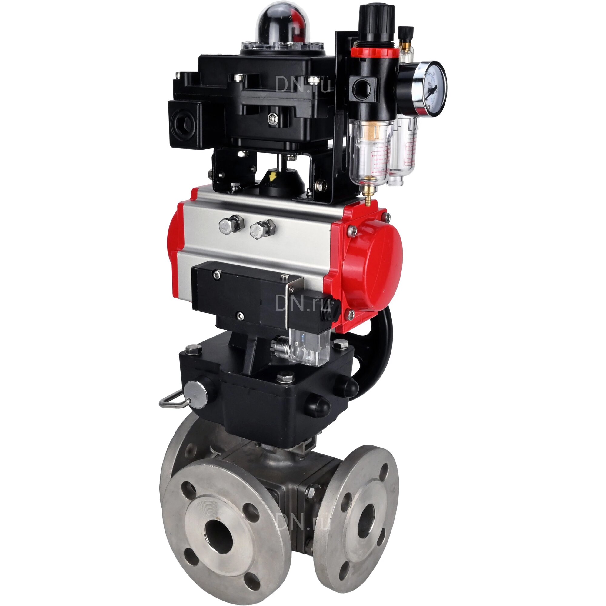 Кран шаровой DN.ru 316-316-PTFE Ду40 Ру16 полнопроходной, тип L, фланцевый, корпус нержавеющая сталь SS316, ISO-фланец F05/F07 квадрат 14х14, с пневмоприводом DA-065, пневмораспределителем 24VDC, БКВ LSB-410-02ExM12-250, ручным дублером HDM-1 и БПВ