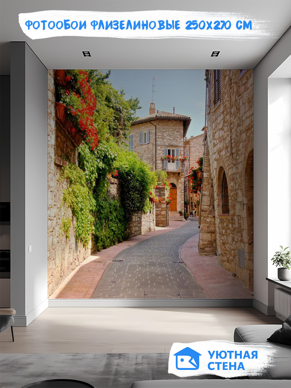 Фотообои Уютная стена "Цветочная улица в городе Ассизи, Италия", флизелиновые, 250х270 см