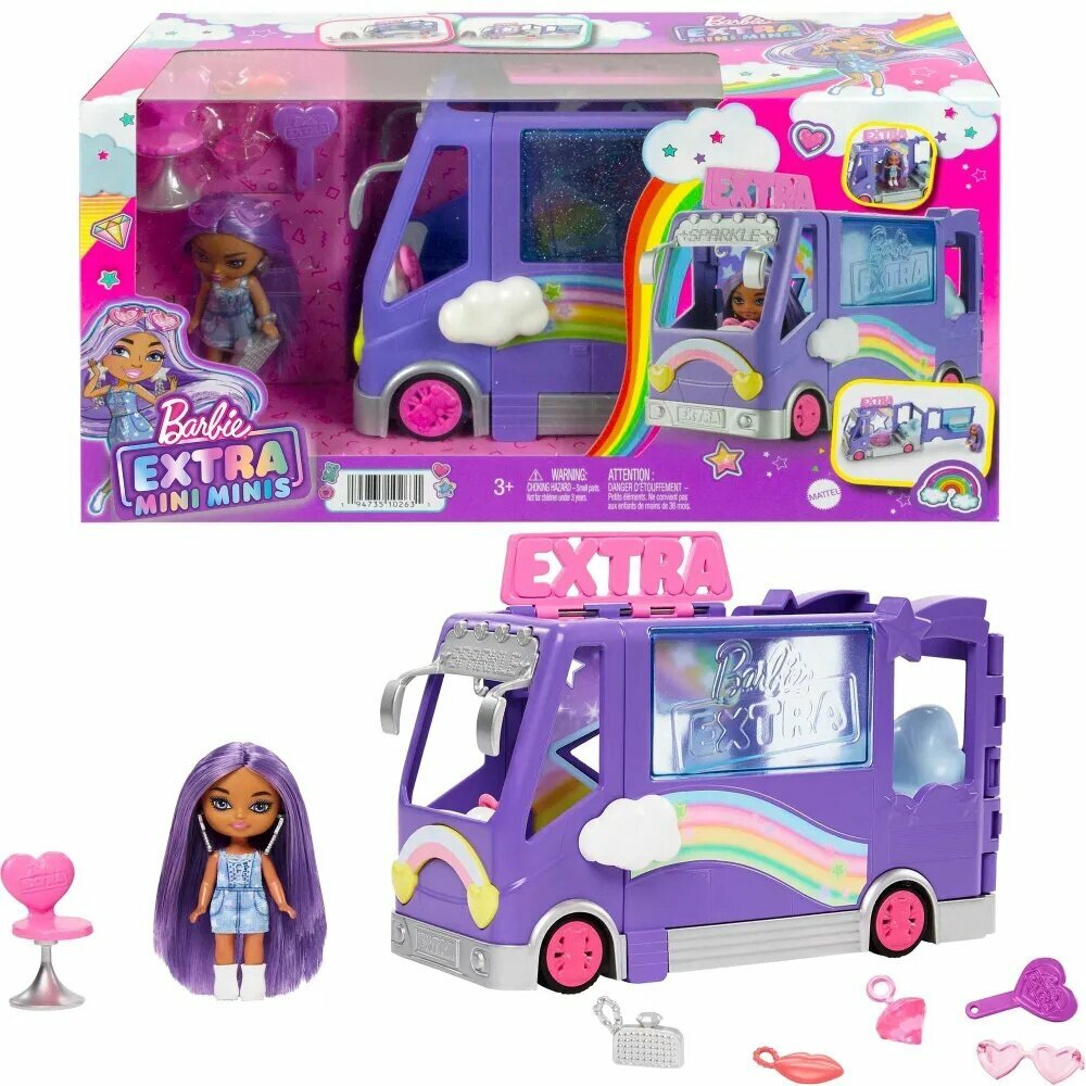 Игровой набор Barbie Extra Mini Minis Tour Bus с куклой, расширяемым транспортным средством, одеждой и аксессуарами - HKF84
