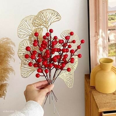 Горячая распродажаГорячая продажа 3-конечного веера, лист гинкго, искусственный цветок, золотая удача, красные плоды, зимнее зеленое украшение для новоселья, декор для гостиной