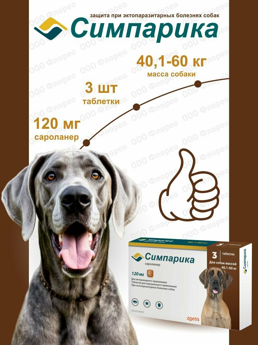 Жевательные таблетки от блох и клещей Симпарика Zoetis для собак весом 40-60 кг, упаковка 3 таблетки
