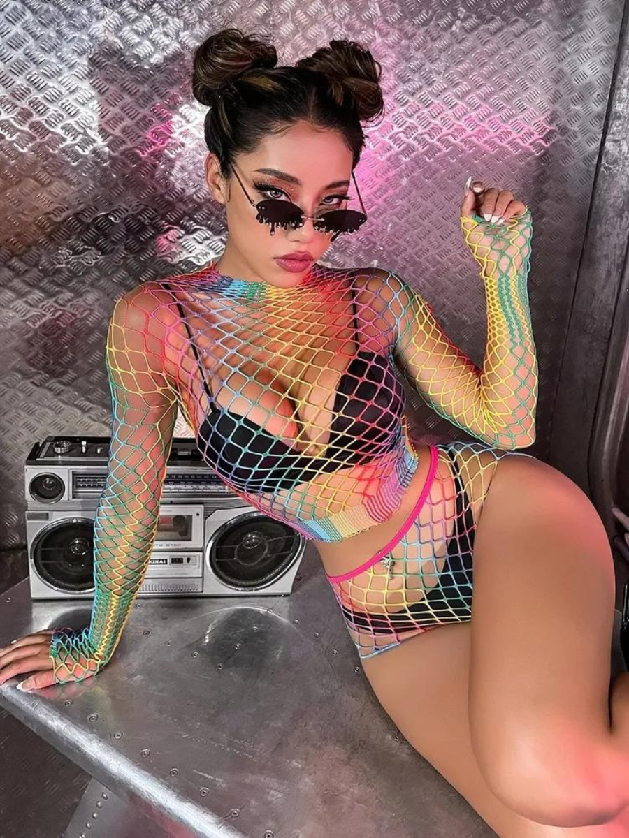 Сексуальный комплект белья сетка разноцветный Sweetnight (кроп топ с длинным рукавом и трусы 40-50р)