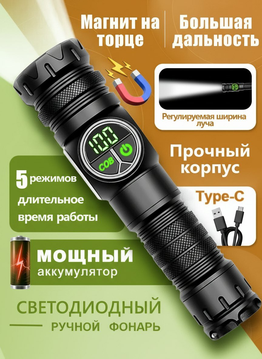 Аккумуляторный фонарь PM30-TG, с фокусировкой и зумом, светодиодный, влагозащита