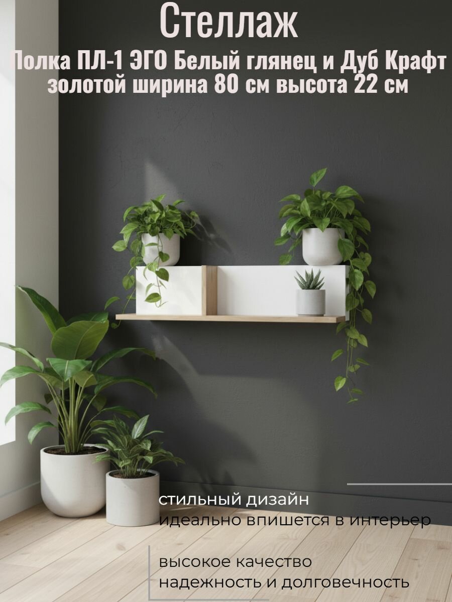 Полка ПЛ-1 ЭГО для дома Белый глянец и Дуб Крафт золотой, ширина 80см, полка для книг, в гостиную, в спальню, в кабинет