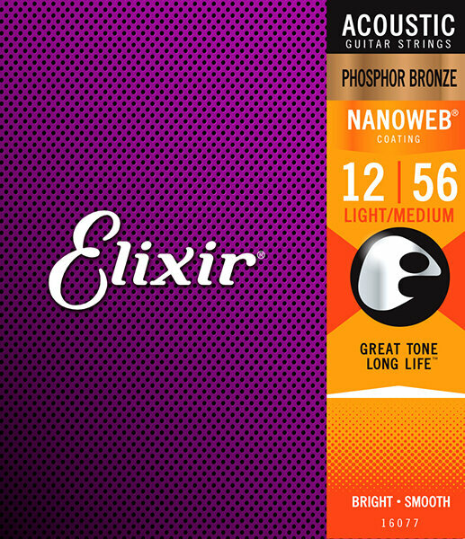 NANOWEB Комплект струн для акустической гитары, Light-Medium, фосфорная бронза, 12-56, Elixir 16077