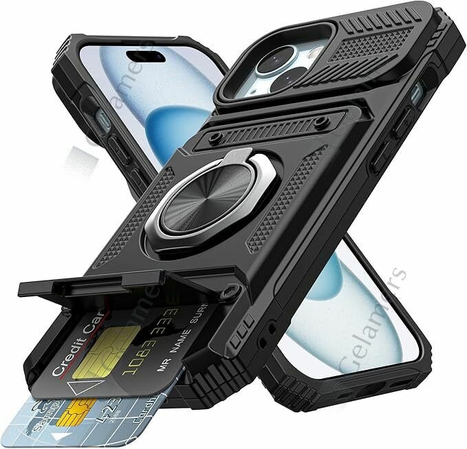 Чехол для Apple iPhone 15 (айфон 15) Магнитная поворотная подставка, прочная защита от падений, чехол-кошелек, черный