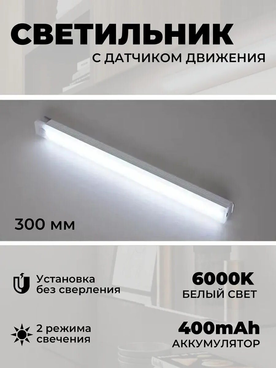 Умная подсветка для шкафа 300 мм 3 Вт автономная работа, датчик движения, перезарядка через USB, Освещение полок.