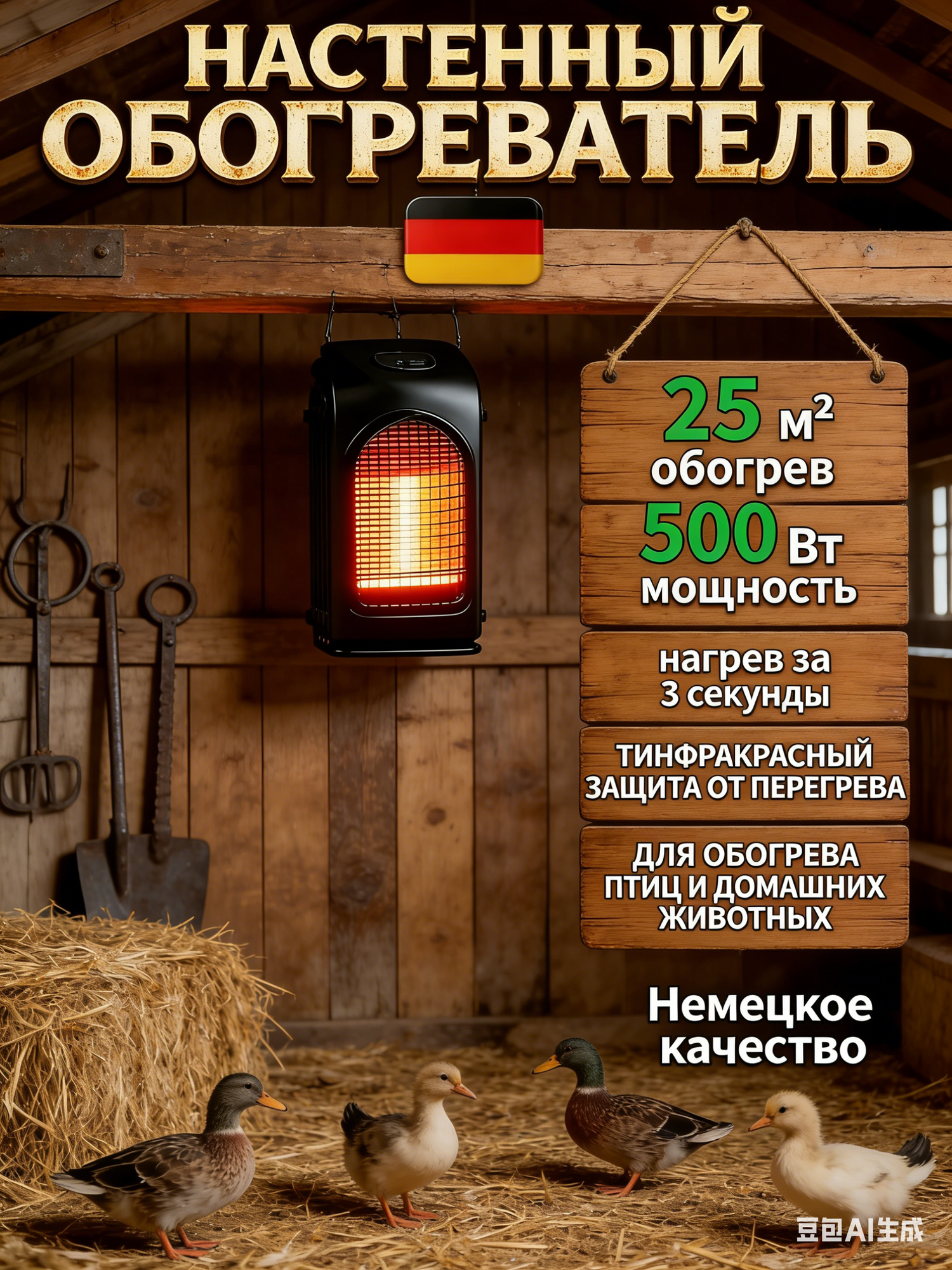 Безопасный обогреватель для курятника. Чёрный, габариты 20×20×10 см, работает от розетки.