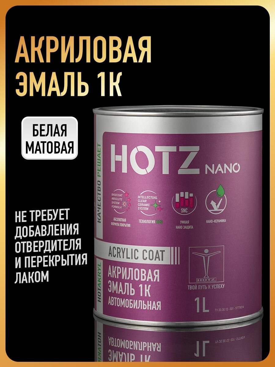 Акриловая краска автомобильная 1К Белая матовая, 850 мл (не требуется отвердитель), HOTZ