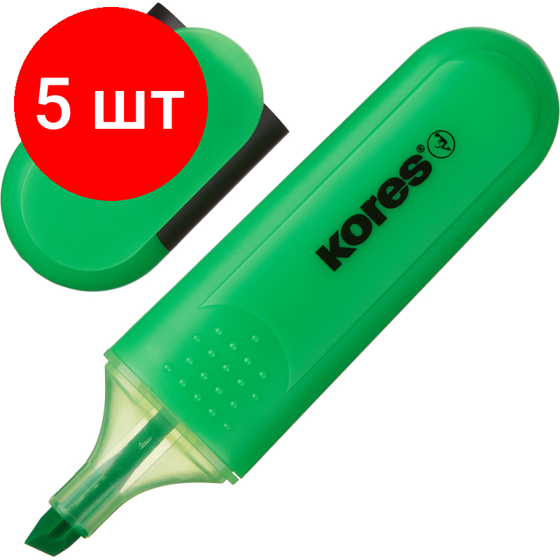 Комплект 5 штук, Маркер текстовыделитель Kores BRIGHT LINER PLUS, скош нак, 0.5-5 ммзелен