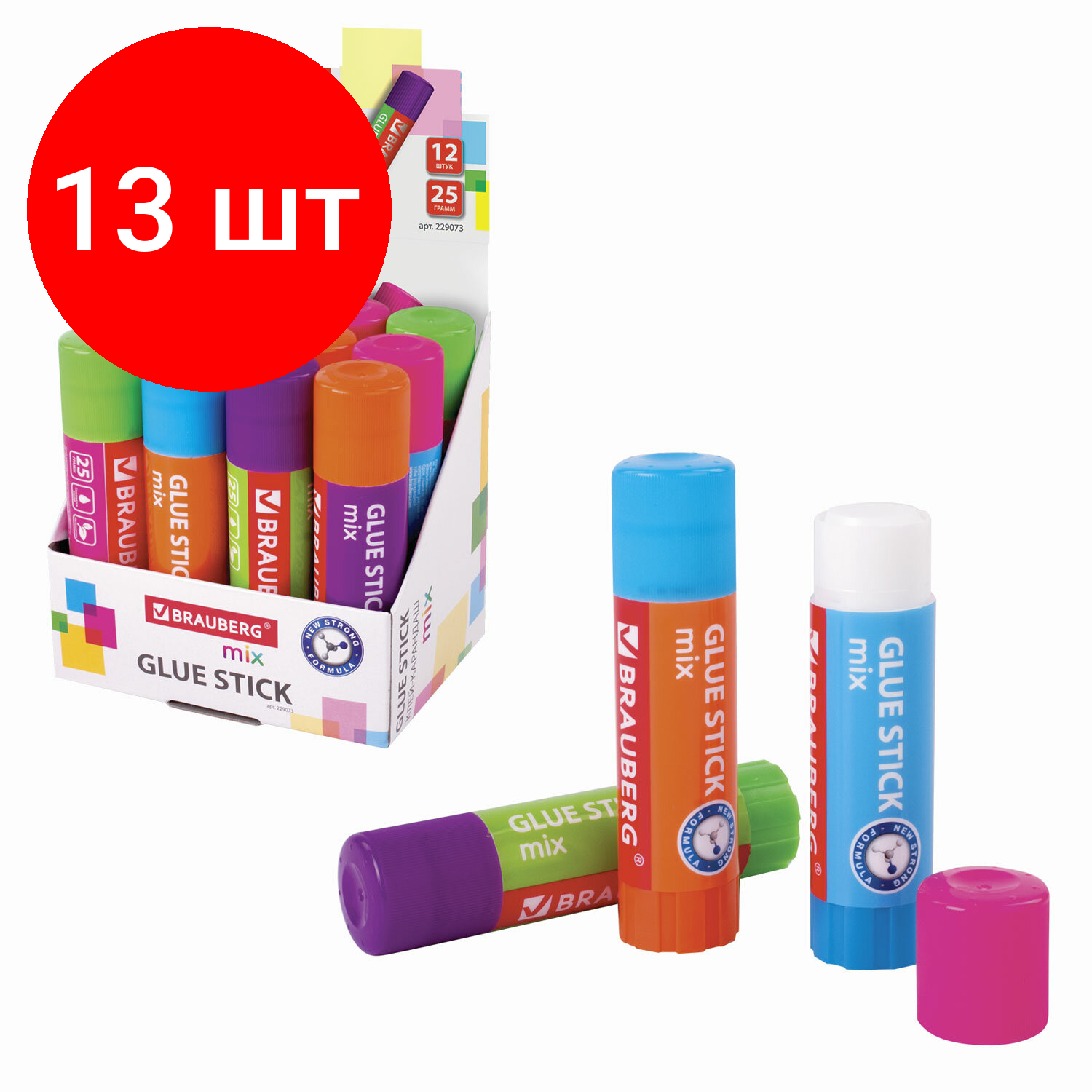 Комплект 13 шт, Клей-карандаш BRAUBERG MIX, 25 г, PVP основа, 229073