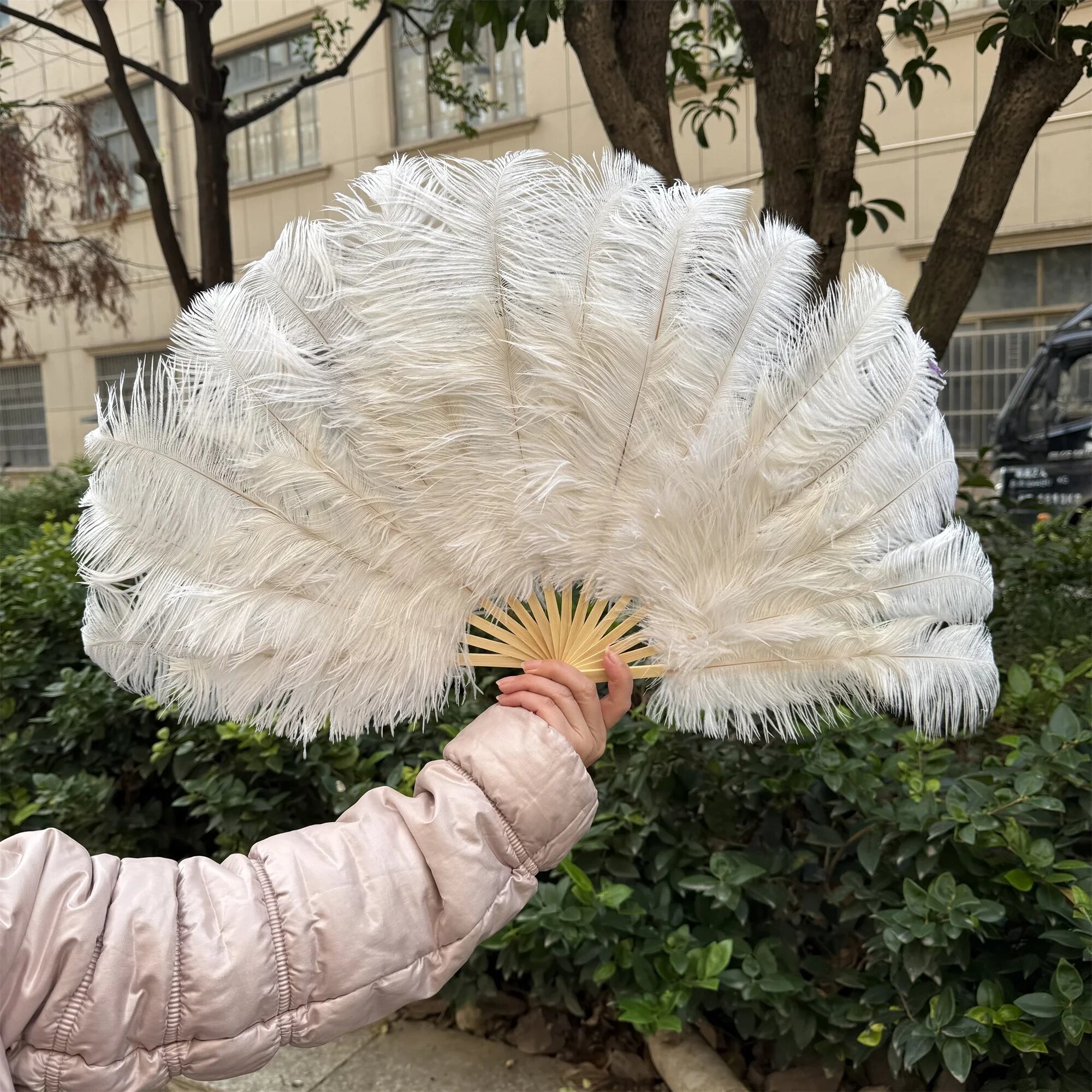 Натуральные белые страусиные веера Белый, White, 1PCS 70cmx40cm Right