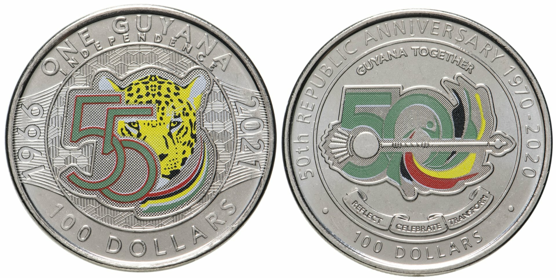 Гайана набор из 2 монет 100 долларов 2020-2021 гг "50 лет Кооперативной Республике Гайана" и "55 лет Независимости", Никель, в сохранности UNC