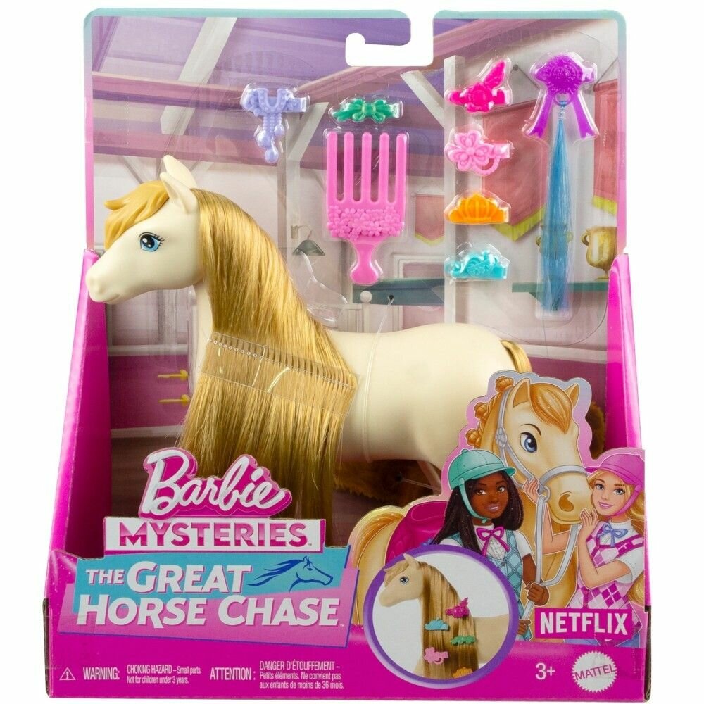 Игровой набор Barbie "Лошадка Торнадо" HXJ29, расческа, заколки, голубые пряди, 18 см