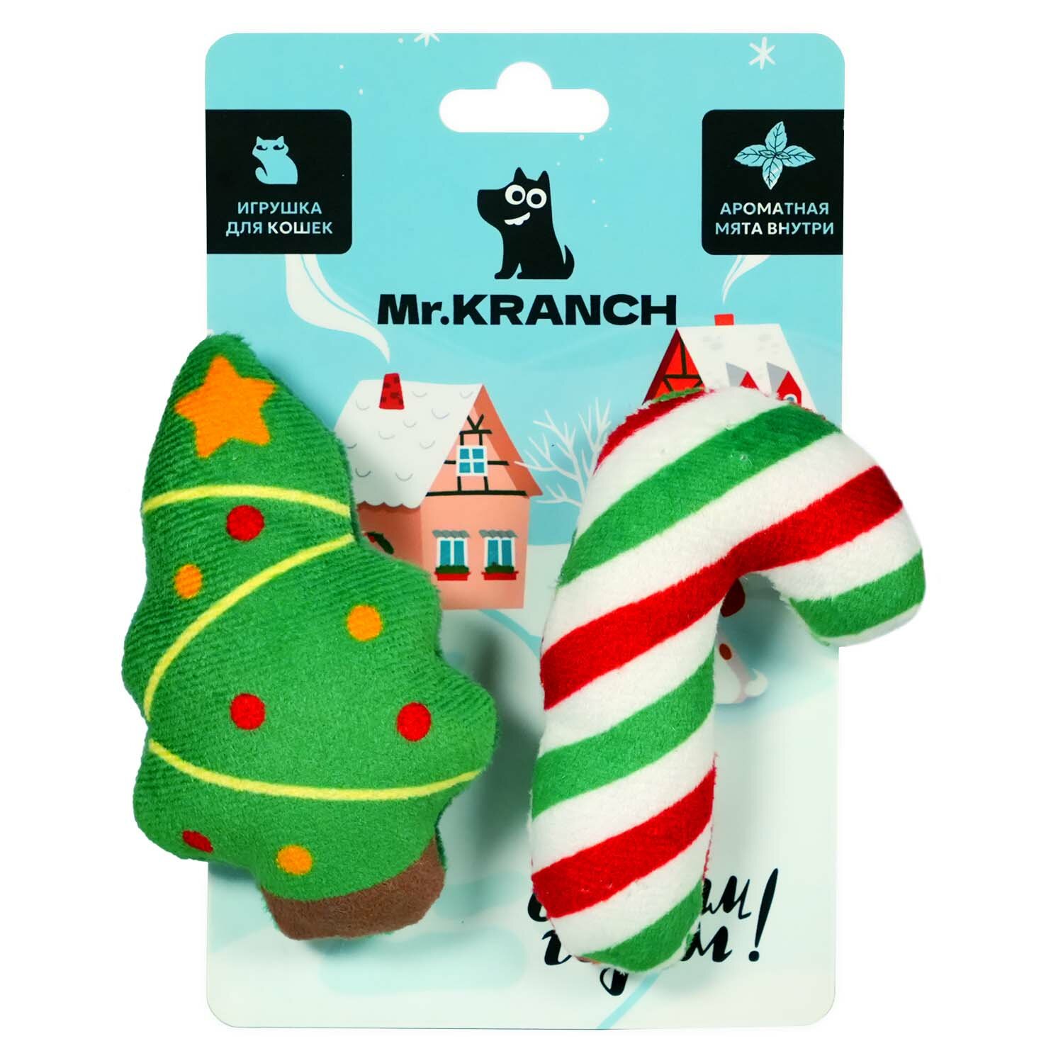 Игрушка Mr.Kranch для кошек Ёлочка и леденец плюшевая с кошачьей мятой 9 см зелёная VLT-MKR341526