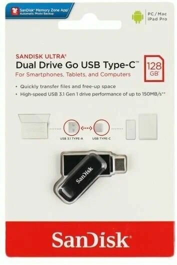 Флешка USB-Type-C Sandisk Ultra Dual Drive Go 128ГБ, USB3.1, черный