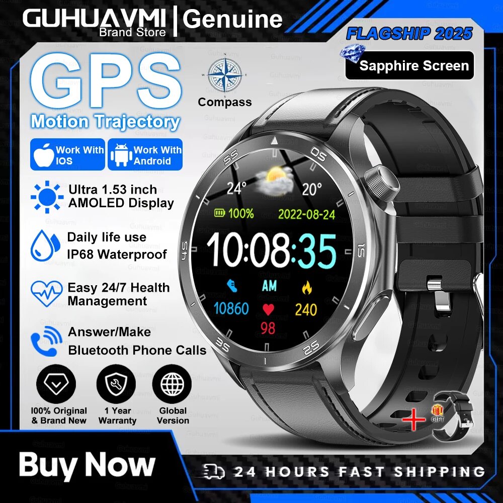 Умные часы GUHUAVMI GPS Compass Sapphire, Black Leather