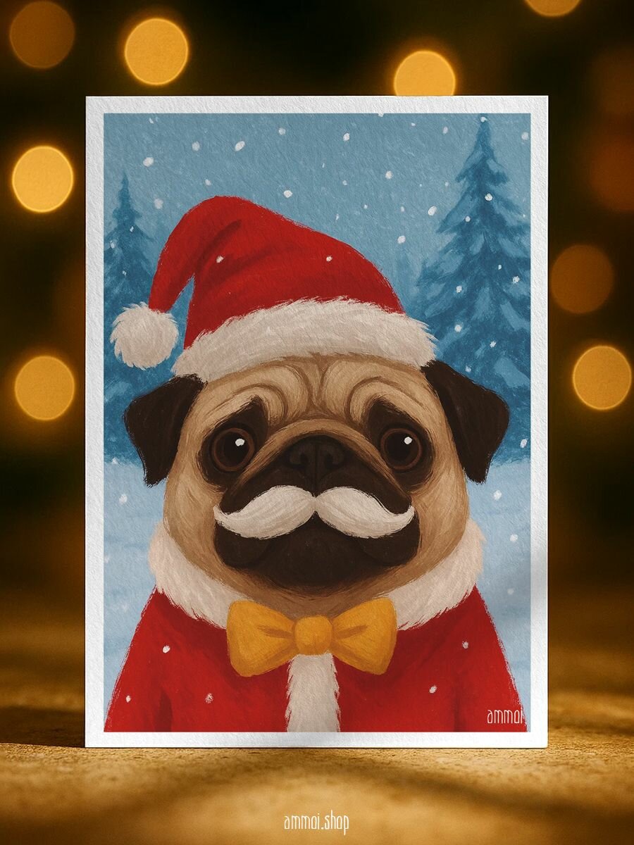 Авторская открытка Am.moi Мопс Дед Мороз в красной шапке 14,8 10,5 см (А6) с конвертом, фотобумага 300 г/м