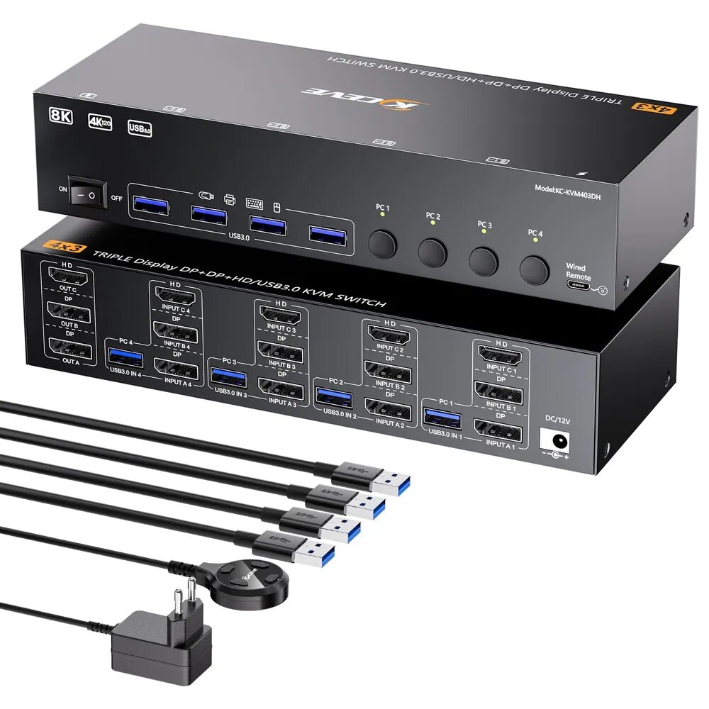KVM коммутатор, 3 монитора, 4 компьютера с разрешением 4K@60 Гц 8K@60 Гц