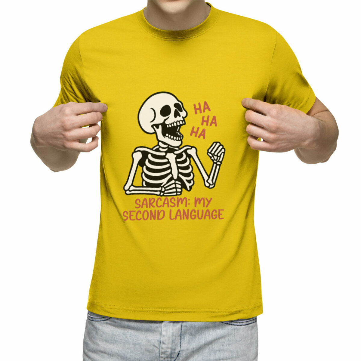 Мужская футболка «Скелет смеётся: Sarcasm my lang» (желтый, S)