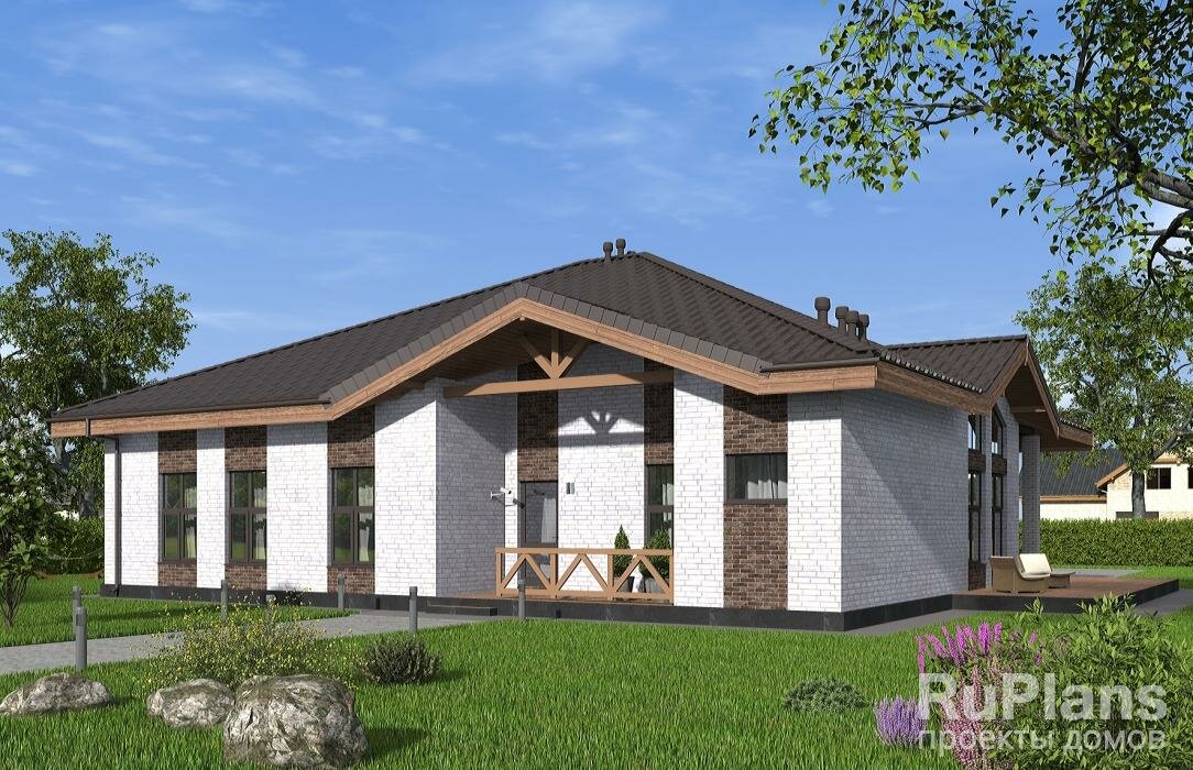 Одноэтажный дом с тремя спальнями и террасой (190 м2, 16м x 21м) Rg6608