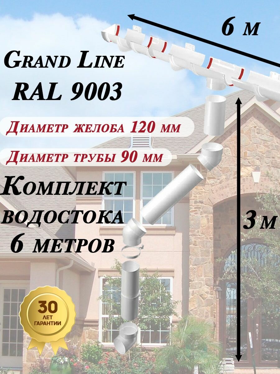 Водосточная система Grand Line 6 м по 1 метру ( 120мм/90мм ) белый (RAL 9003 пломбир) водосток для крыши пластиковый (Гранд Лайн) комплект ПВХ