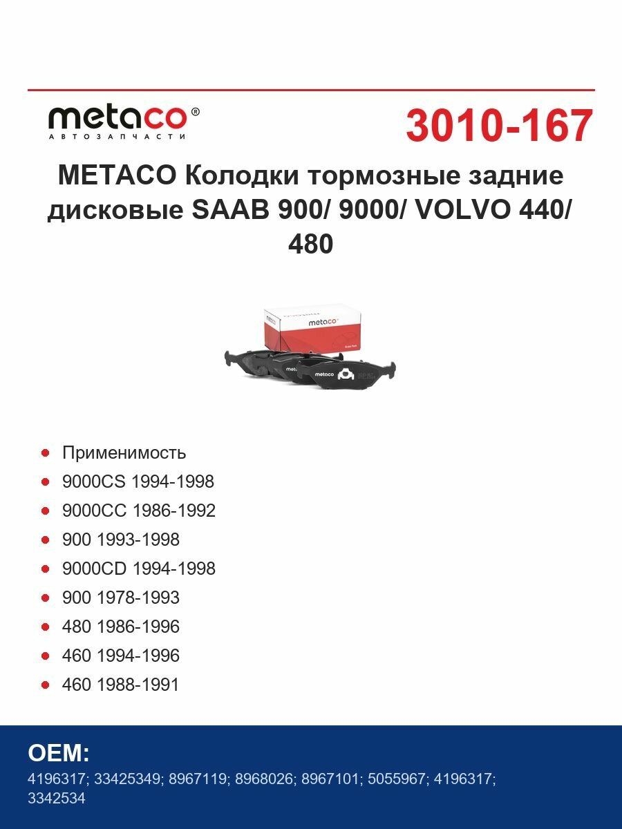 METACO Колодки тормозные задние дисковые SAAB 900/ 9000/ VOLVO 440/ 480