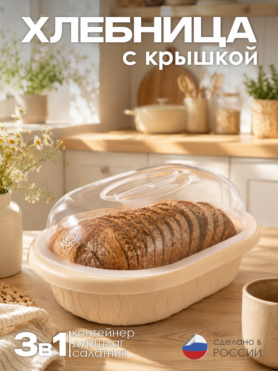 Хлебница "Умница" цвет Бежевый, размер 30*21*13 см, модель 3 в 1