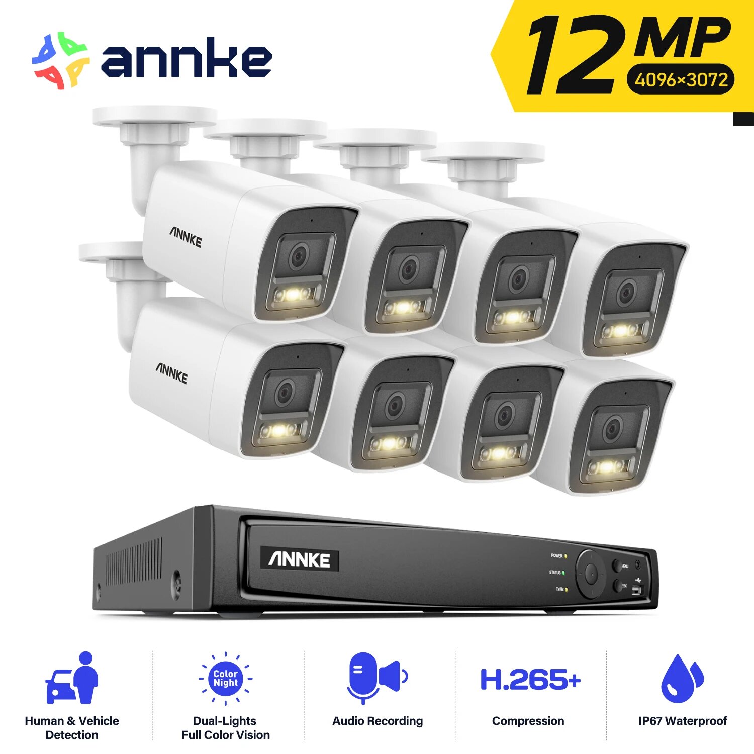 Система безопасности камер ANNKE 12MP Ультра HD 3K/5MP POE NVR с встроенным микрофоном и ночным видением с двойным цветом освещения набор видеонаблюдения CCTV