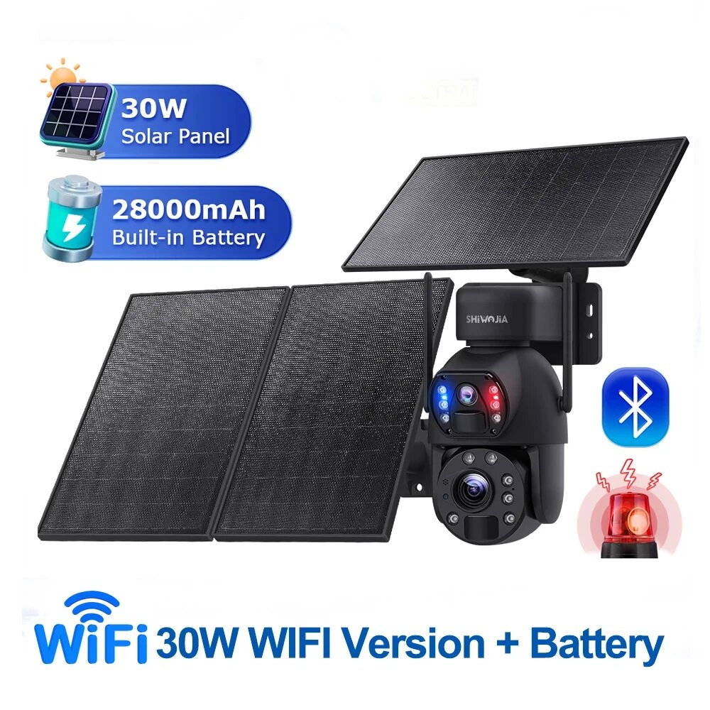 SHIWOJIA 12MP 50X ЗУМ Камера с солнечной панелью 4G SIM 30W Солнечная панель 28000mAh Аккумулятор Камера 360 Наружная Двойная линза Запись Хуманоидная ПТЗ