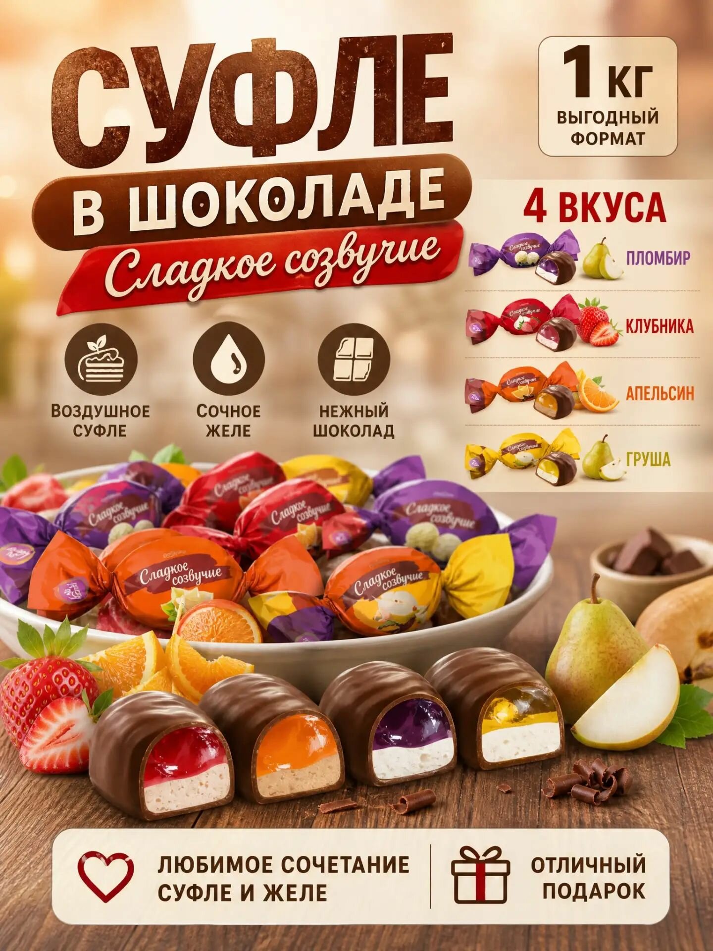 Конфеты Суфле в шоколаде с желейной начинкой Сладкое созвучие, 1кг