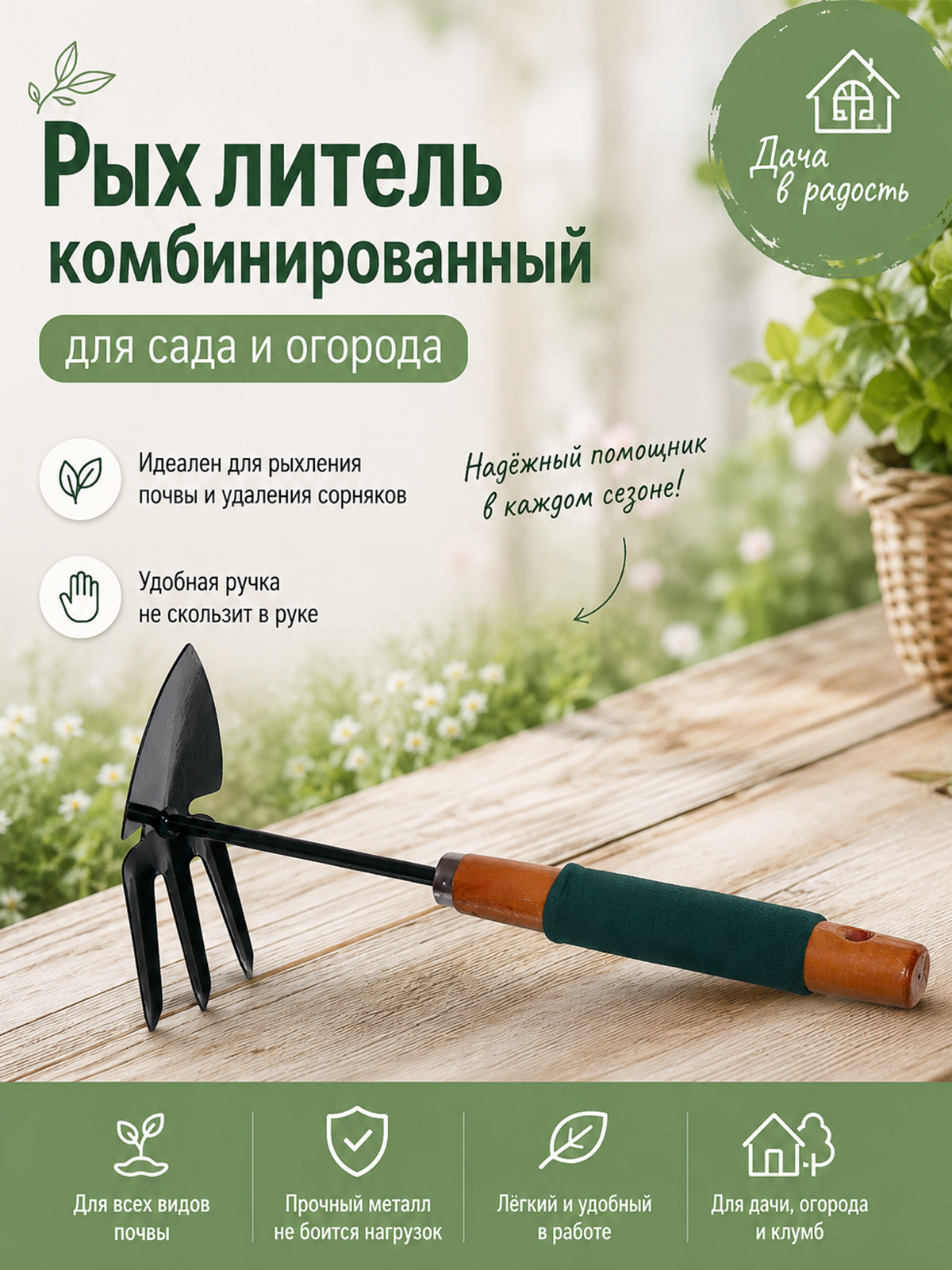 Мотыжка комбинированная грабельки/бороздовичек "Эконика" 29см деревянная комбинированная ручка ДоброСад
